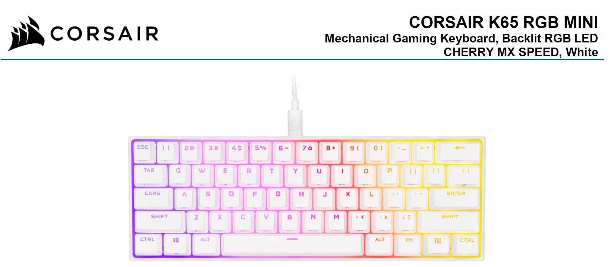 Corsair K65 White RGB Mini Mechanical Gaming Keyboard - Cherry MX Speed ...