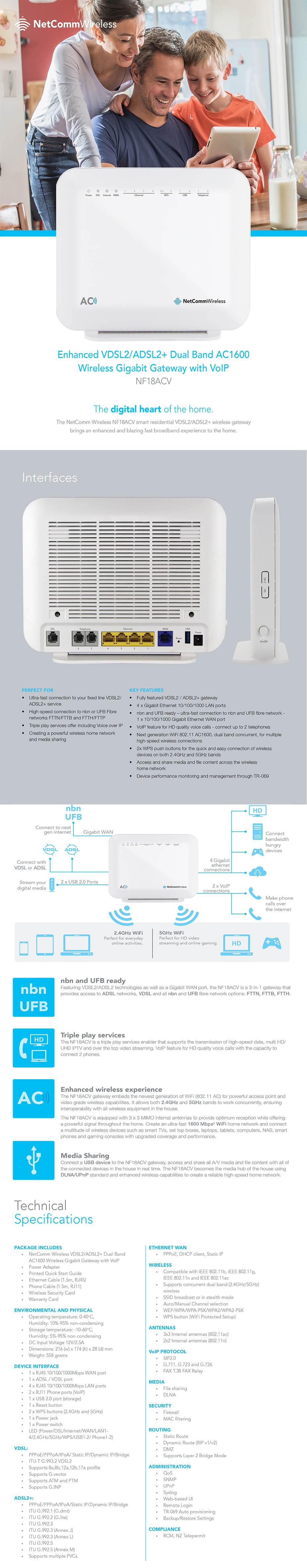 NetComm NF18ACV VDSL2/ADSL2+ Wireless AC1600 Modem Router NBN Ready + 2 ...
