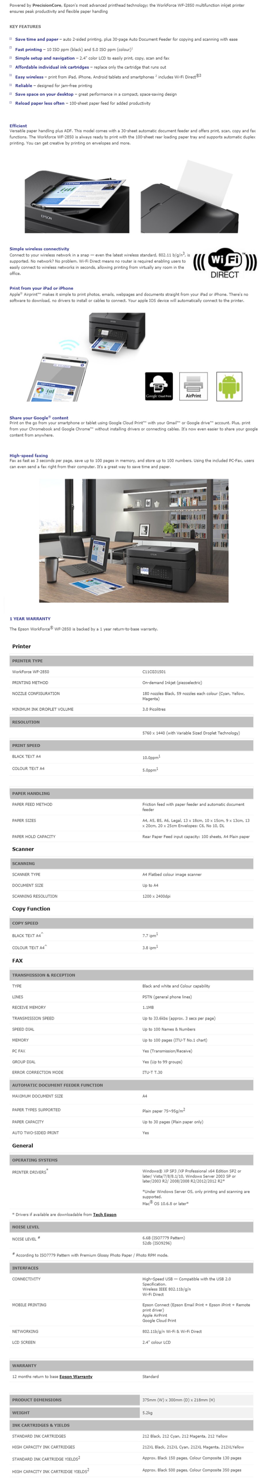 Epson WorkForce WF-2850 Colour Multifunction Inkjet Printer