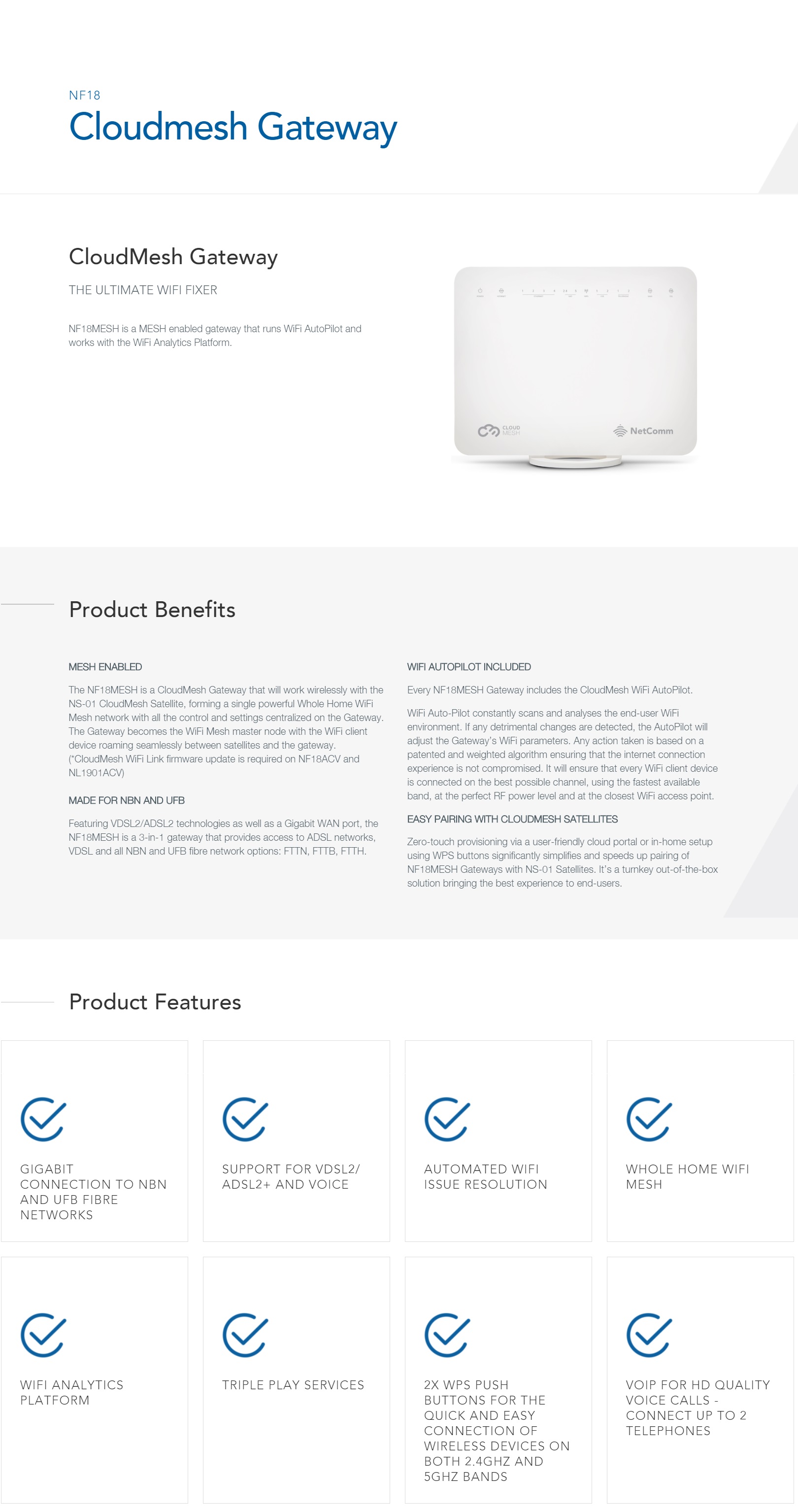 Netcomm NF18MESH CloudMesh ADSL/VDSL NBN , Voice Gateway Whole Home WiFi Mesh network Bundle with Ne