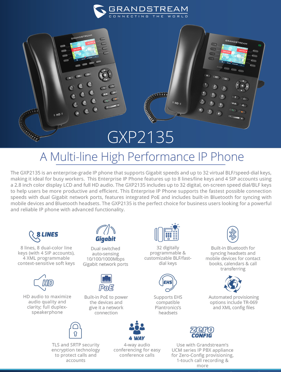 Grandstream GXP2135 HD PoE IP Phone 320x240 Colour LCD, 4 lines, Dual ...