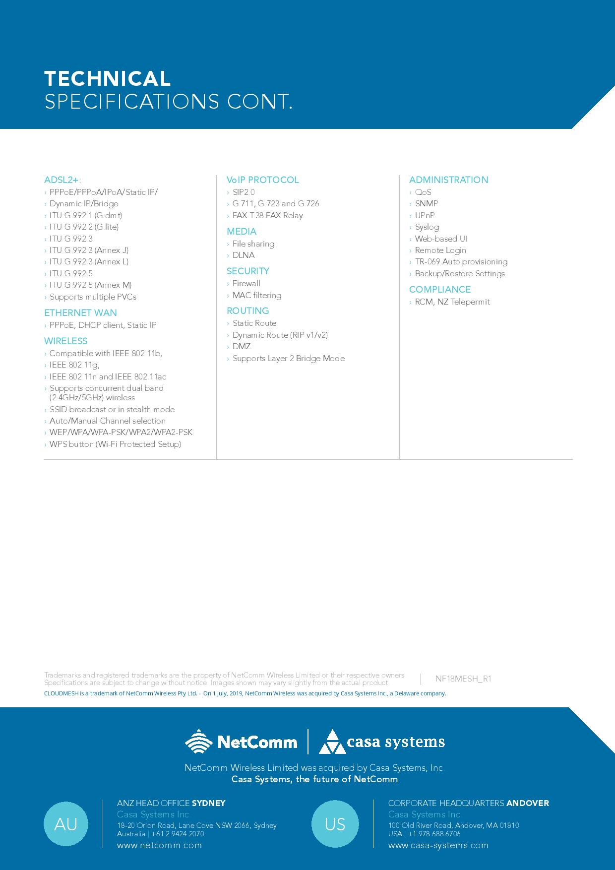 Netcomm NF18MESH CloudMesh Gateway Whole Home WiFi Mesh network, runs ...