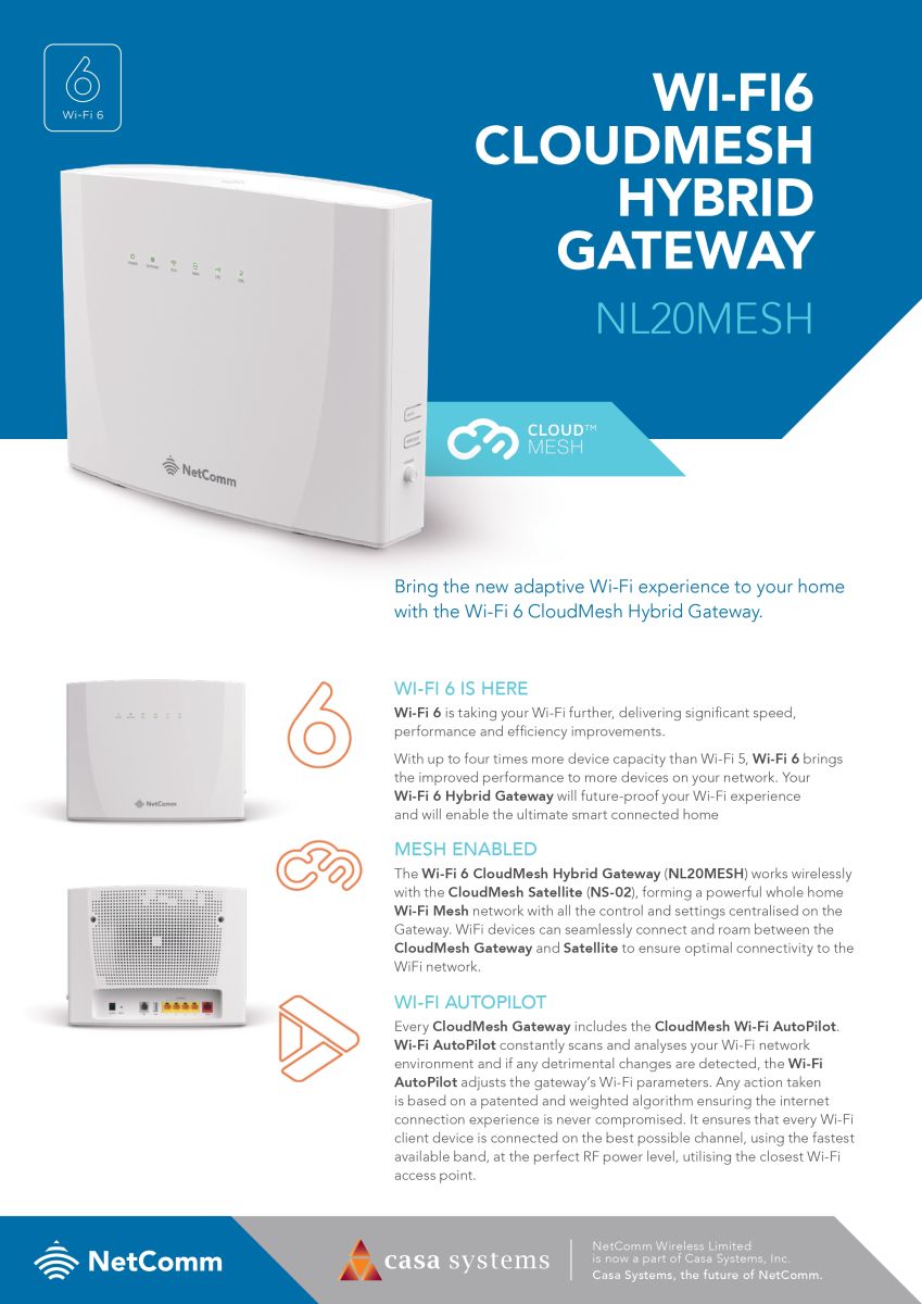 Netcomm Nl20mesh Wi Fi 6 Lte Hybrid Cloudmesh Gateway With Wi Fi