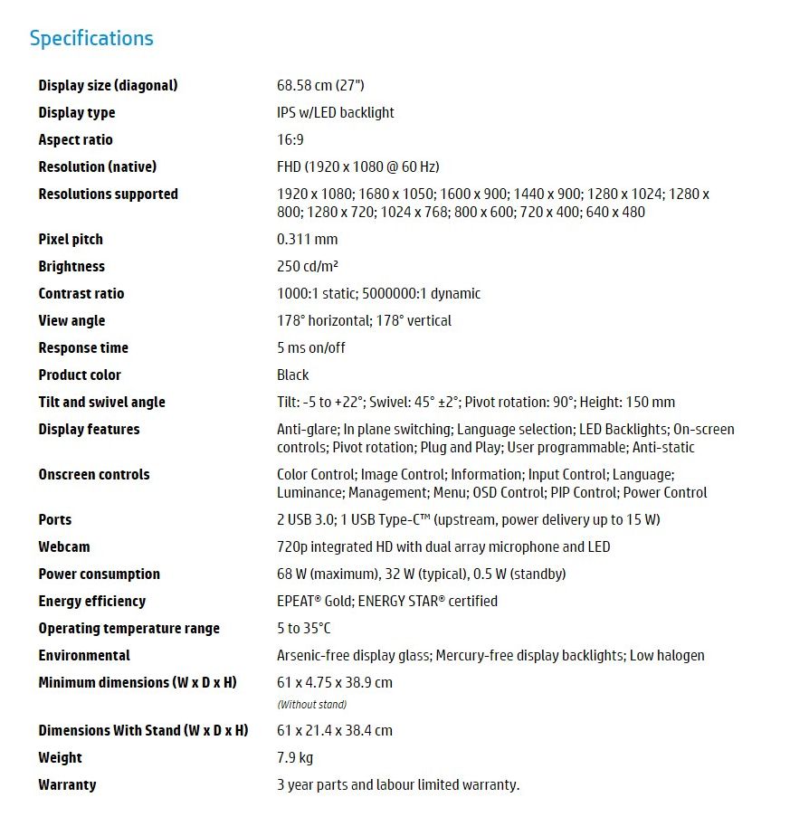 HP EliteDisplay E273m 27" Full HD Ergonomic IPS Monitor 1FH51AA