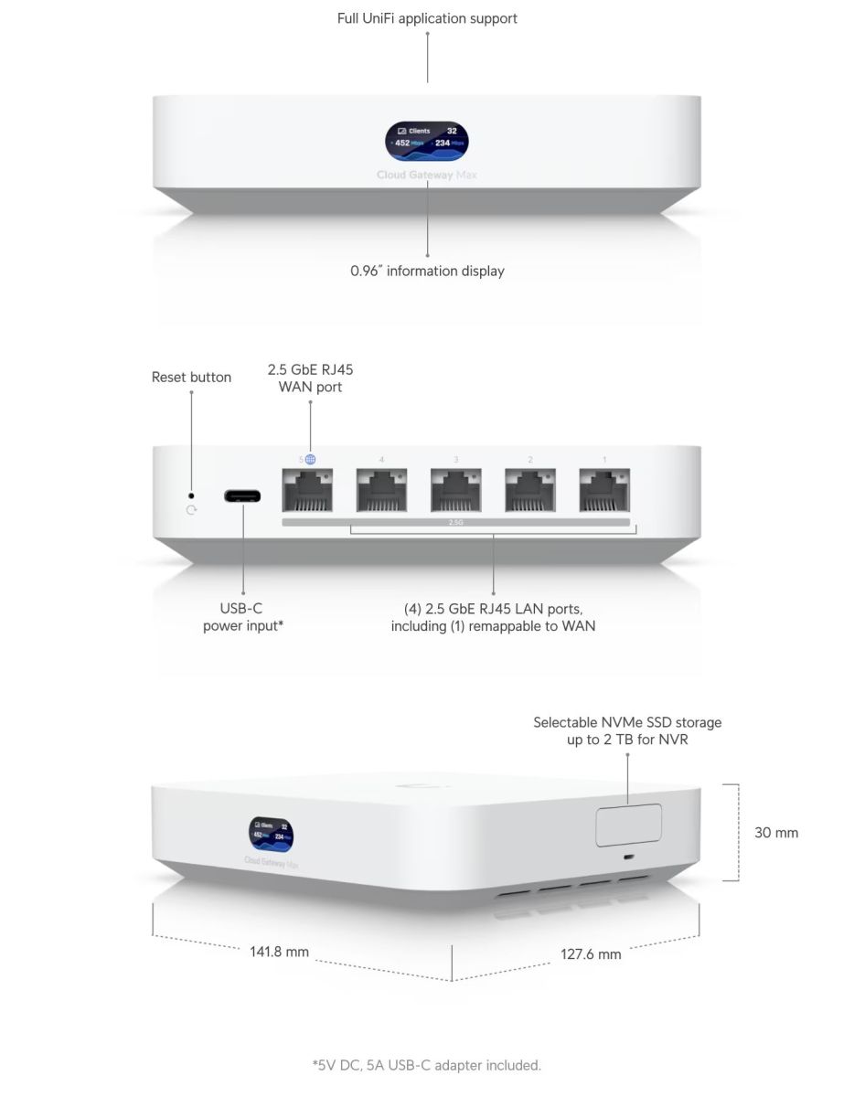 Ubiquiti UCG-MAX 4x2.5GbE multi-WAN UniFi Cloud Gateway MAX - 512 GB ...